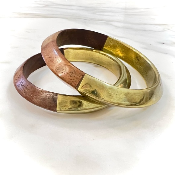 Jewelry | Pair Of Brass Wood Bangle Bracelets Vtg Vintage Set Of Two ...